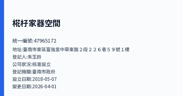 椛杍家器空間的照片-統編 47965172(臺南市) 公司登記資料與營業項目詳細圖表