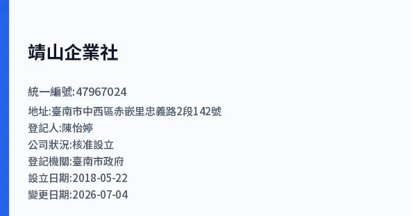 靖山企業社的照片-統編 47967024(臺南市) 公司登記資料與營業項目詳細圖表