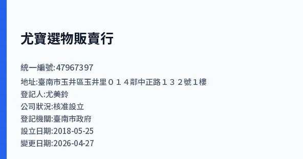 尤寶選物販賣行的照片-統編 47967397(臺南市) 公司登記資料與營業項目詳細圖表