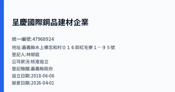 呈慶國際鋼品建材企業的照片-統編 47968924(嘉義縣) 公司登記資料與營業項目詳細圖表