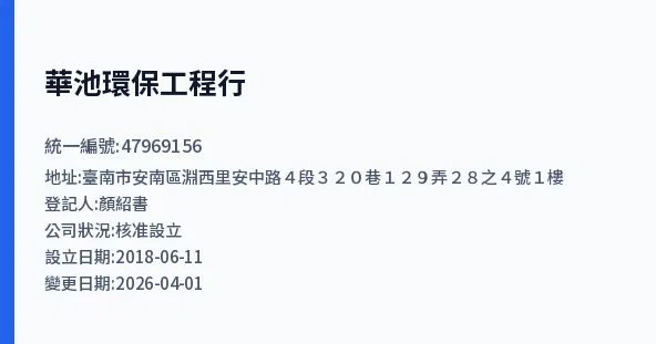 華池環保工程行的照片-統編 47969156(臺南市) 公司登記資料與營業項目詳細圖表