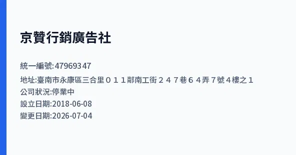 京贊行銷廣告社的照片-統編 47969347(臺南市) 公司登記資料與營業項目詳細圖表