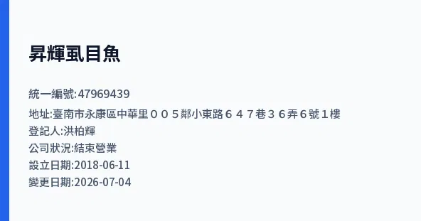 昇輝虱目魚的照片-統編 47969439(臺南市) 公司登記資料與營業項目詳細圖表