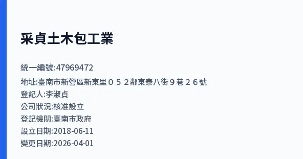 采貞土木包工業的照片-統編 47969472(臺南市) 公司登記資料與營業項目詳細圖表