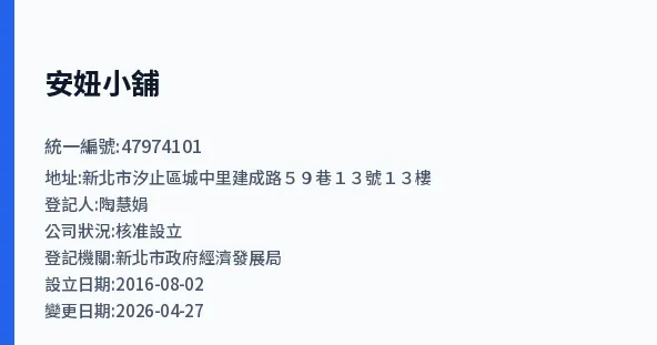 安妞小舖的照片-統編 47974101(新北市) 公司登記資料與營業項目詳細圖表