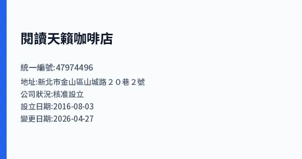 閱讀天籟咖啡店的照片-統編 47974496(新北市) 公司登記資料與營業項目詳細圖表