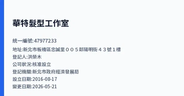 華特髮型工作室的照片-統編 47977233(新北市) 公司登記資料與營業項目詳細圖表