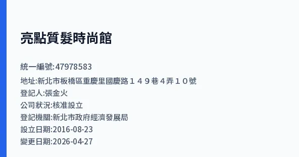 亮點質髮時尚館的照片-統編 47978583(新北市) 公司登記資料與營業項目詳細圖表
