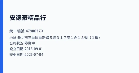 安德豪精品行的照片-統編 47980379(新北市) 公司登記資料與營業項目詳細圖表