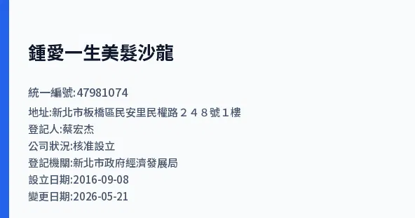 鍾愛一生美髮沙龍的照片-統編 47981074(新北市) 公司登記資料與營業項目詳細圖表