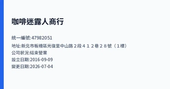 咖啡迷露人商行的照片-統編 47982051(新北市) 公司登記資料與營業項目詳細圖表