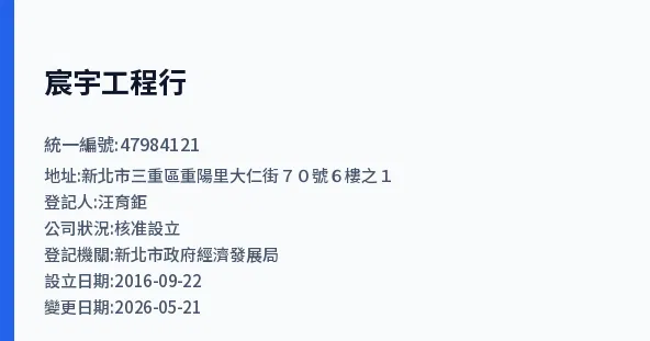 宸宇工程行的照片-統編 47984121(新北市) 公司登記資料與營業項目詳細圖表