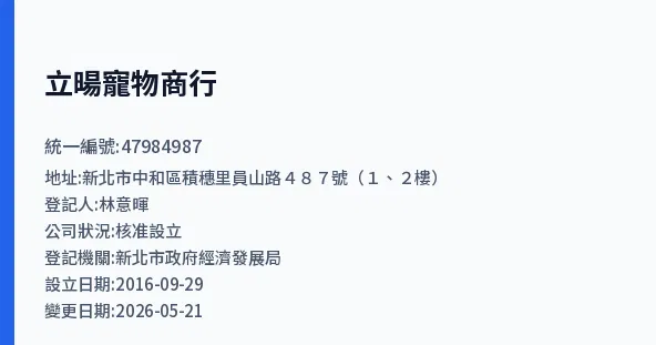 立暘寵物商行的照片-統編 47984987(新北市) 公司登記資料與營業項目詳細圖表