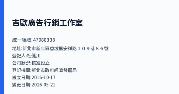 吉歐廣告行銷工作室的照片-統編 47988338(新北市) 公司登記資料與營業項目詳細圖表