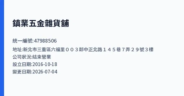 鎮業五金雜貨舖的照片-統編 47988506(新北市) 公司登記資料與營業項目詳細圖表