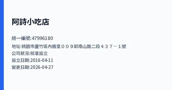 阿詩小吃店的照片-統編 47996180(桃園市) 公司登記資料與營業項目詳細圖表