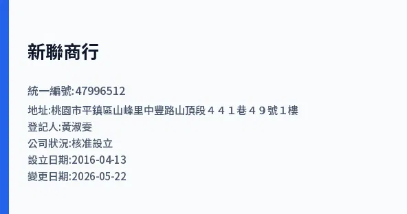 新聯商行的照片-統編 47996512(桃園市) 公司登記資料與營業項目詳細圖表
