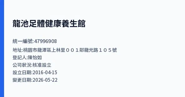 龍池足體健康養生館的照片-統編 47996908(桃園市) 公司登記資料與營業項目詳細圖表