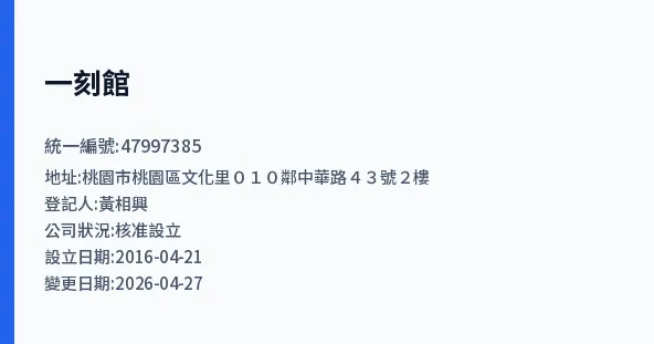 一刻館的照片-統編 47997385(桃園市) 公司登記資料與營業項目詳細圖表