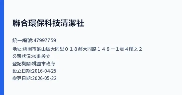 聯合環保科技清潔社的照片-統編 47997759(桃園市) 公司登記資料與營業項目詳細圖表