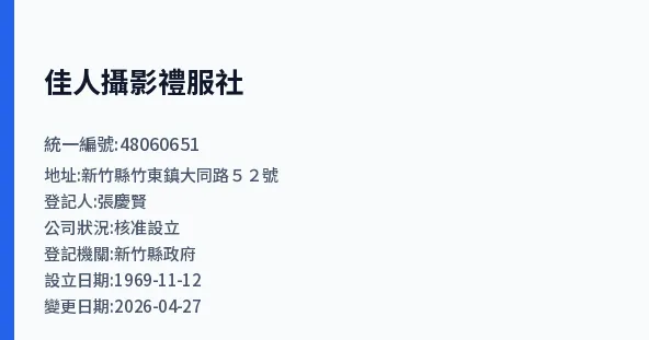 佳人攝影禮服社的照片-統編 48060651(新竹縣) 公司登記資料與營業項目詳細圖表