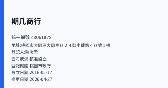 期几商行的照片-統編 48061878(桃園市) 公司登記資料與營業項目詳細圖表