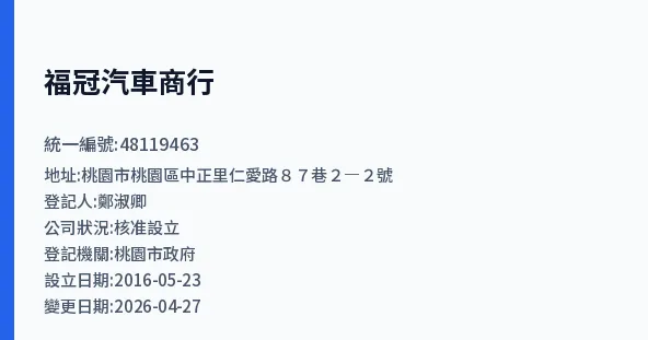 福冠汽車商行的照片-統編 48119463(桃園市) 公司登記資料與營業項目詳細圖表