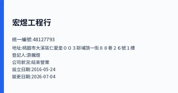 宏煜工程行的照片-統編 48127793(桃園市) 公司登記資料與營業項目詳細圖表