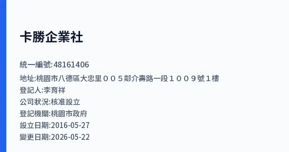卡勝企業社的照片-統編 48161406(桃園市) 公司登記資料與營業項目詳細圖表