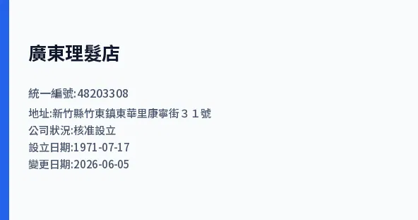 廣東理髮店的照片-統編 48203308(新竹縣) 公司登記資料與營業項目詳細圖表