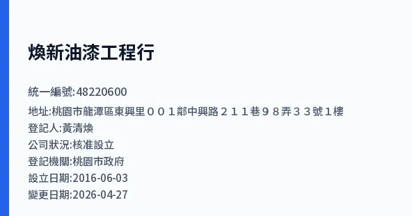 煥新油漆工程行的照片-統編 48220600(桃園市) 公司登記資料與營業項目詳細圖表