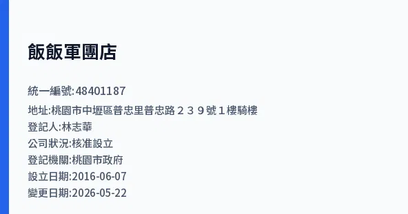 飯飯軍團店的照片-統編 48401187(桃園市) 公司登記資料與營業項目詳細圖表