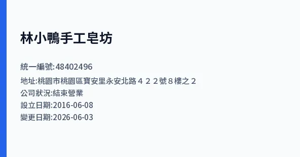 林小鴨手工皂坊的照片-統編 48402496(桃園市) 公司登記資料與營業項目詳細圖表