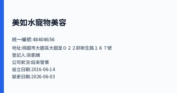 美如水寵物美容的照片-統編 48404656(桃園市) 公司登記資料與營業項目詳細圖表