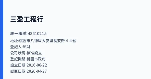 三盈工程行的照片-統編 48410215(桃園市) 公司登記資料與營業項目詳細圖表