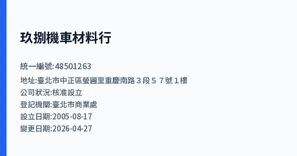 玖捌機車材料行的照片-統編 48501263(臺北市) 公司登記資料與營業項目詳細圖表
