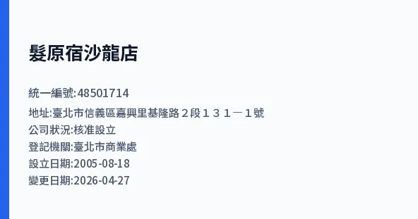 髮原宿沙龍店的照片-統編 48501714(臺北市) 公司登記資料與營業項目詳細圖表
