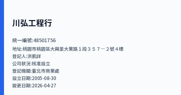 川弘工程行的照片-統編 48501756(桃園市) 公司登記資料與營業項目詳細圖表