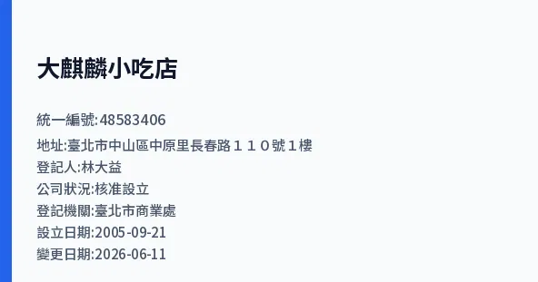 大麒麟小吃店的照片-統編 48583406(臺北市) 公司登記資料與營業項目詳細圖表