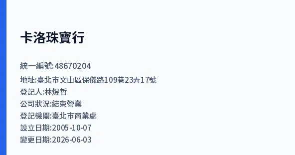 卡洛珠寶行的照片-統編 48670204(臺北市) 公司登記資料與營業項目詳細圖表