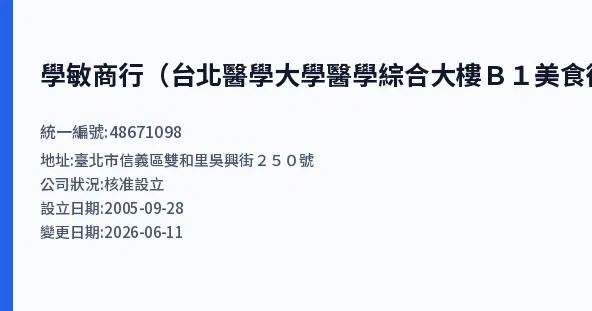 學敏商行(台北醫學大學醫學綜合大樓B1美食街A3)的照片-統編 48671098(臺北市) 公司登記資料與營業項目詳細圖表
