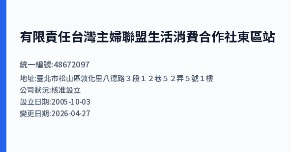 有限責任台灣主婦聯盟生活消費合作社東區站的照片-統編 48672097(臺北市) 公司登記資料與營業項目詳細圖表