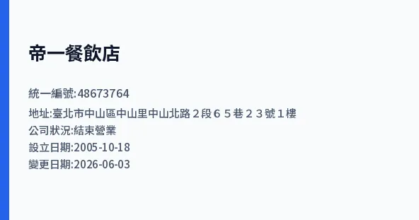 帝一餐飲店的照片-統編 48673764(臺北市) 公司登記資料與營業項目詳細圖表