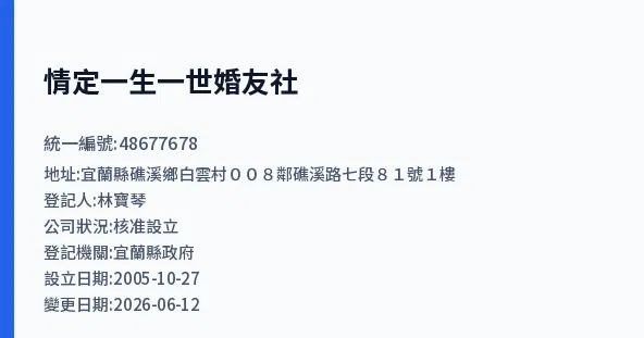 情定一生一世婚友社的照片-統編 48677678(宜蘭縣) 公司登記資料與營業項目詳細圖表