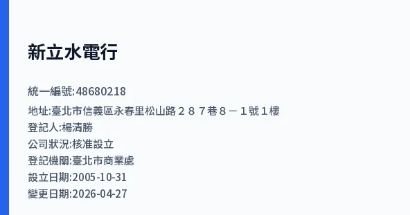 新立水電行的照片-統編 48680218(臺北市) 公司登記資料與營業項目詳細圖表