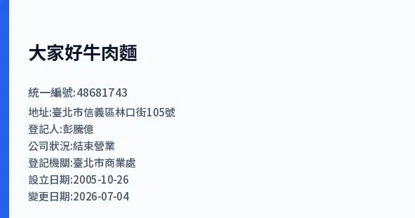 大家好牛肉麵的照片-統編 48681743(臺北市) 公司登記資料與營業項目詳細圖表