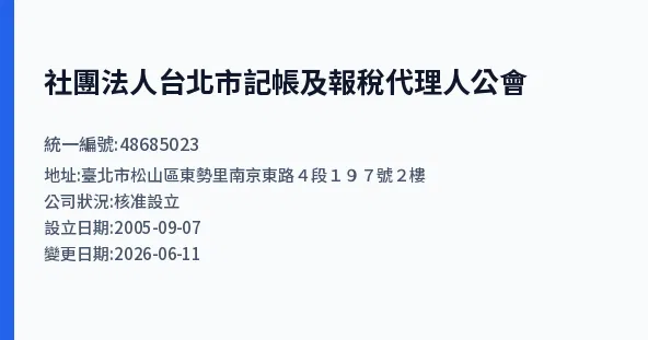 社團法人台北市記帳及報稅代理人公會的照片-統編 48685023(臺北市) 公司登記資料與營業項目詳細圖表