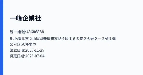 一峰企業社的照片-統編 48686888(臺北市) 公司登記資料與營業項目詳細圖表