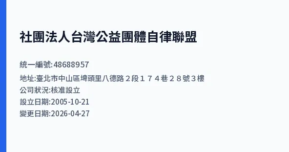 社團法人台灣公益團體自律聯盟的照片-統編 48688957(臺北市) 公司登記資料與營業項目詳細圖表