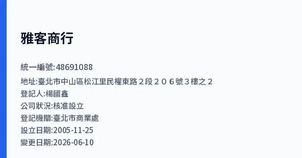 雅客商行的照片-統編 48691088(臺北市) 公司登記資料與營業項目詳細圖表